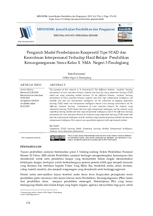 (PDF) Pengaruh Model Pembelajaran Kooperatif Tipe STAD Dan Kecerdasan Interpersonal Terhadap ...