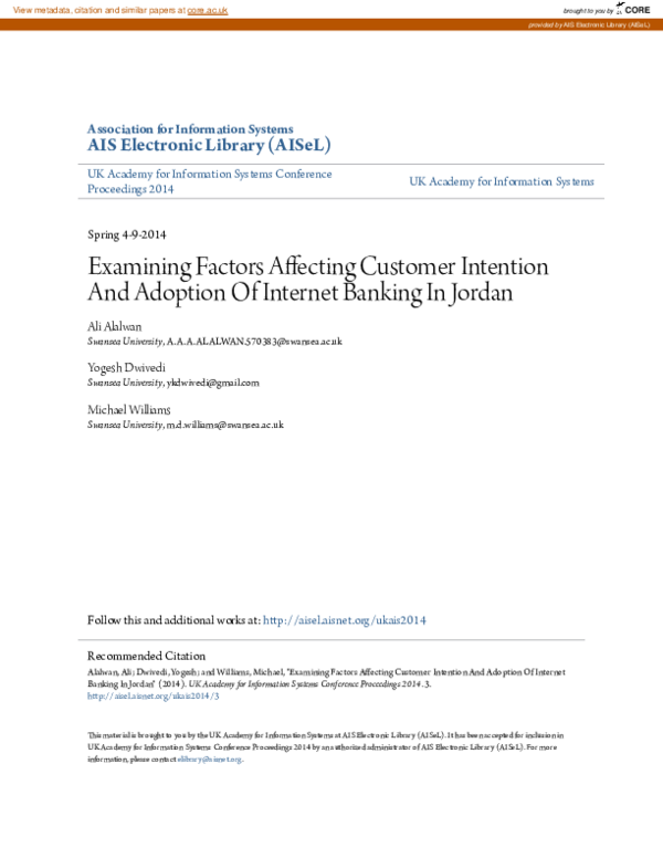 (PDF) Examining Factors Affecting Customer Intention And Adoption Of Internet Banking In Jordan