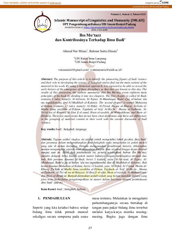 (PDF) Ibn Mu’tazz dan Kontribusinya Terhadap Ilmu Badi’