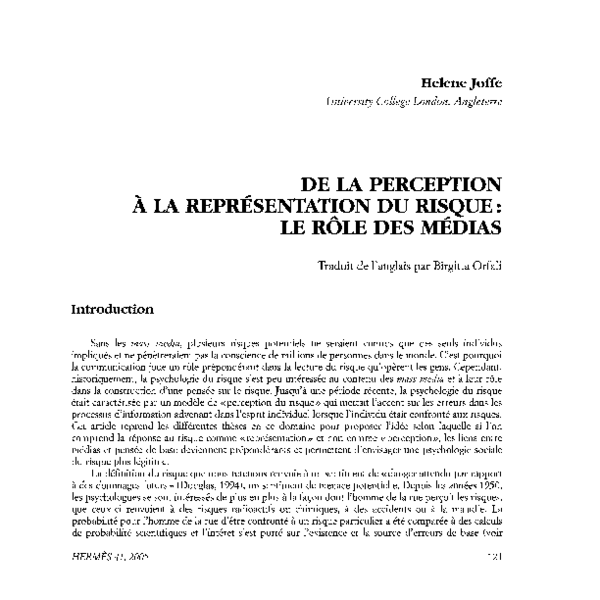 (PDF) De la perception à la représentation du risque: le rôle des médias