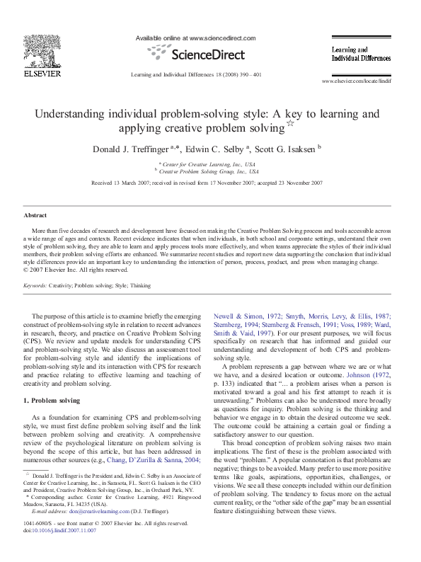 (PDF) Understanding individual problem-solving style: A key to learning and applying creative ...