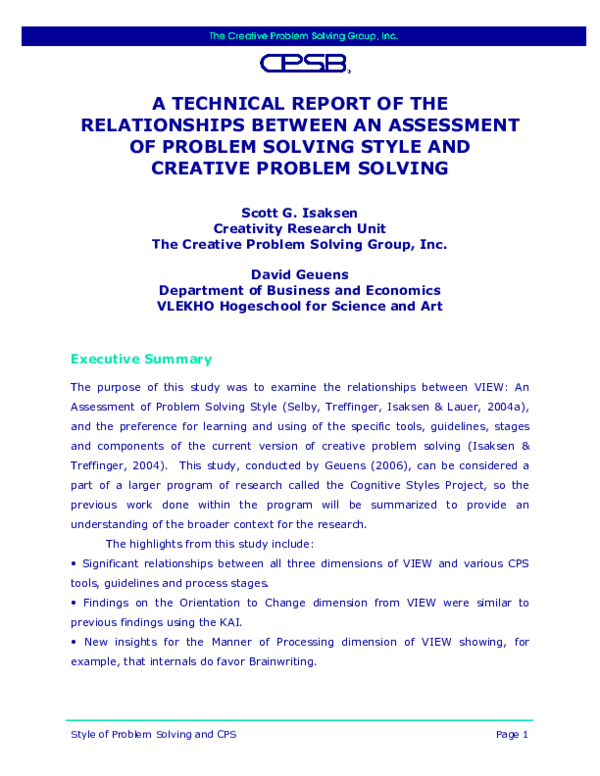 (PDF) A technical report of the relationships between an assessment of problem solving style and ...