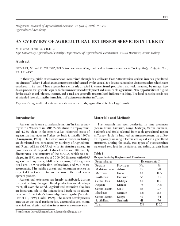 (PDF) An Overview of Agricultural Extension Services in Turkey
