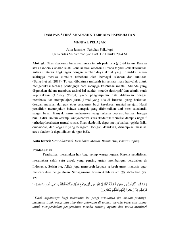 (PDF) DAMPAK STRES AKADEMIK TERHADAP KESEHATAN MENTAL PELAJAR