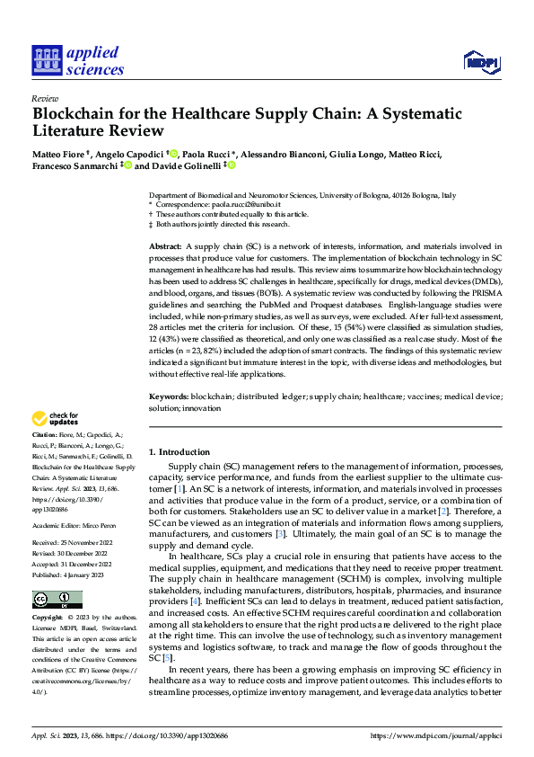 Pdf Blockchain For The Healthcare Supply Chain A Systematic Literature Review