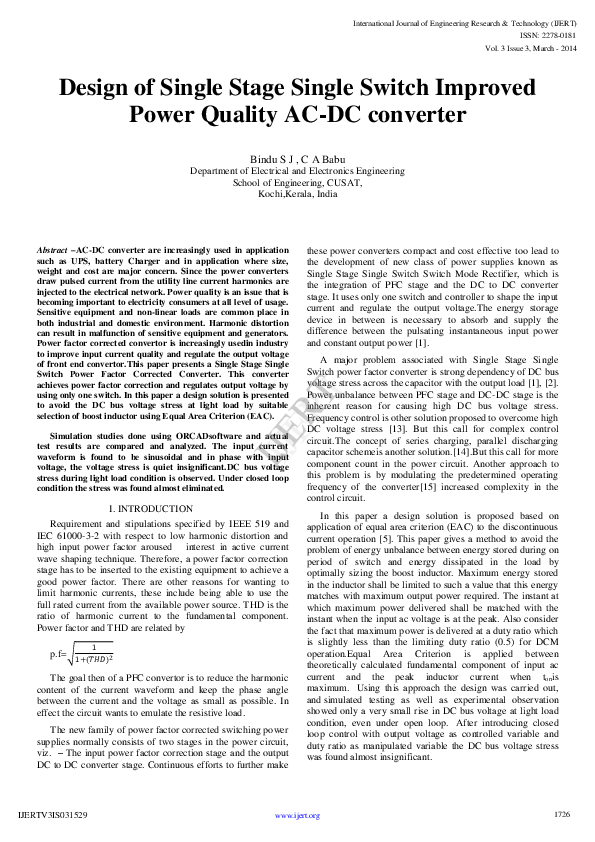 (PDF) Design of Single Stage Single Switch Improved Power Quality AC-DC converter