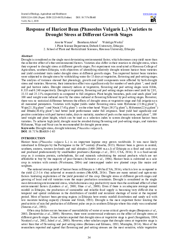 (PDF) Response of Haricot Bean (Phaseolus Vulgaris L.) Varieties to Drought Stress at Different ...