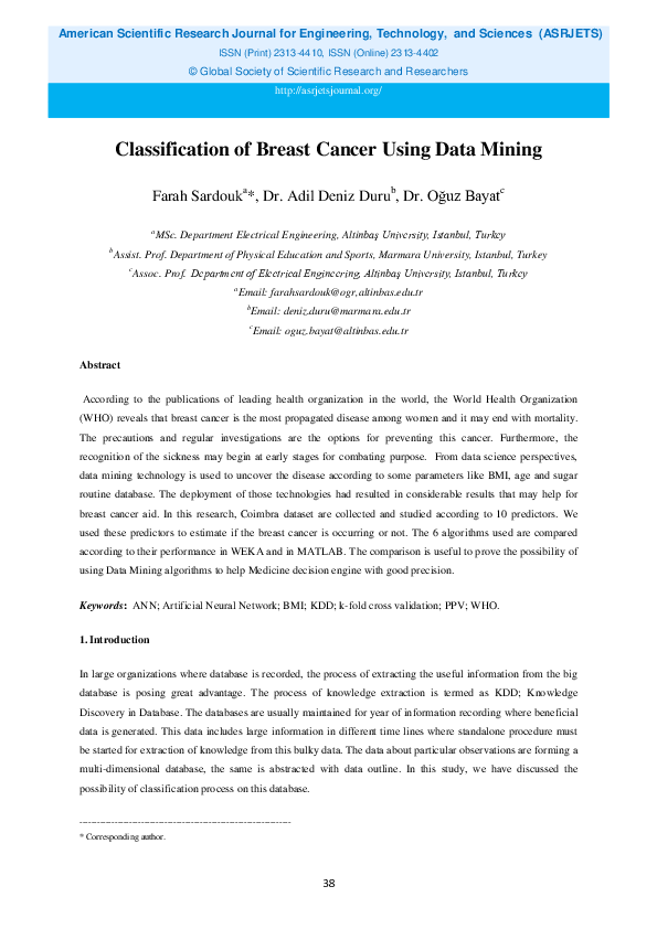 (PDF) Classification of Breast Cancer Using Data Mining