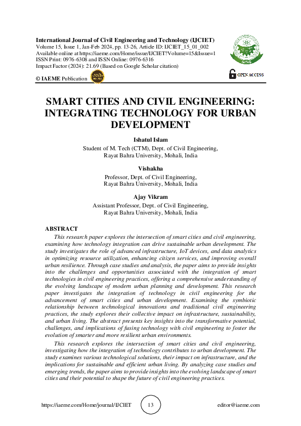 (PDF) SMART CITIES AND CIVIL ENGINEERING: INTEGRATING TECHNOLOGY FOR ...