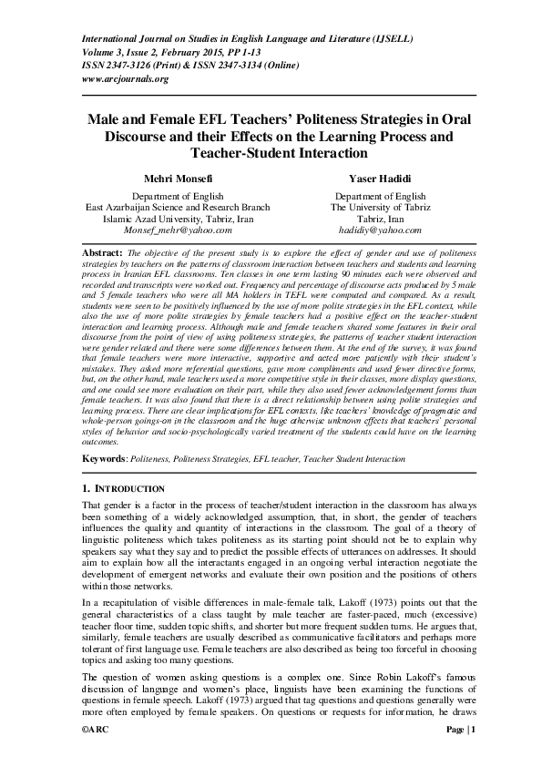 (PDF) Male and Female EFL Teachers ’ Politeness Strategies in Oral Discourse and their Effects ...