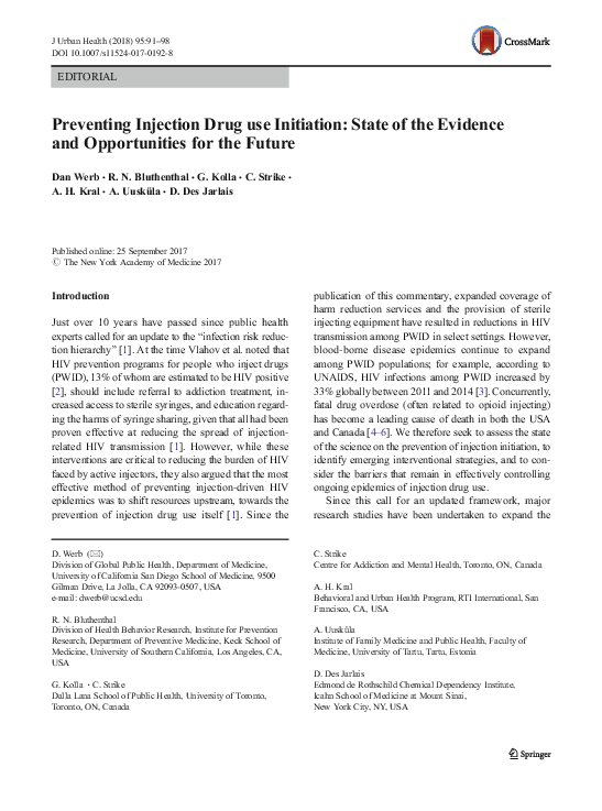 Pdf Preventing Injection Drug Use Initiation State Of The Evidence And Opportunities For The
