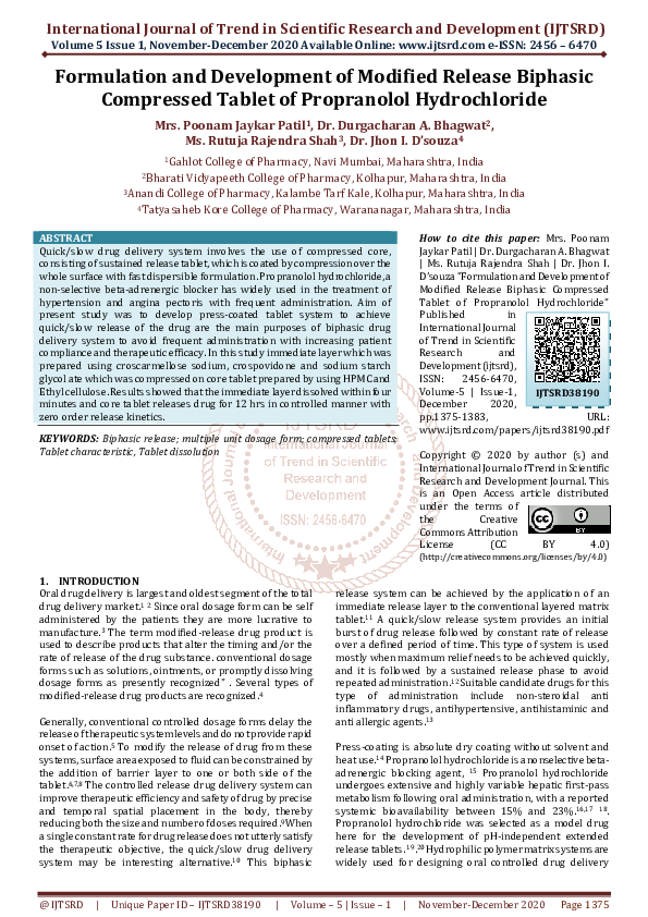 Pdf Formulation And Development Of Modified Release Biphasic Compressed Tablet Of Propranolol