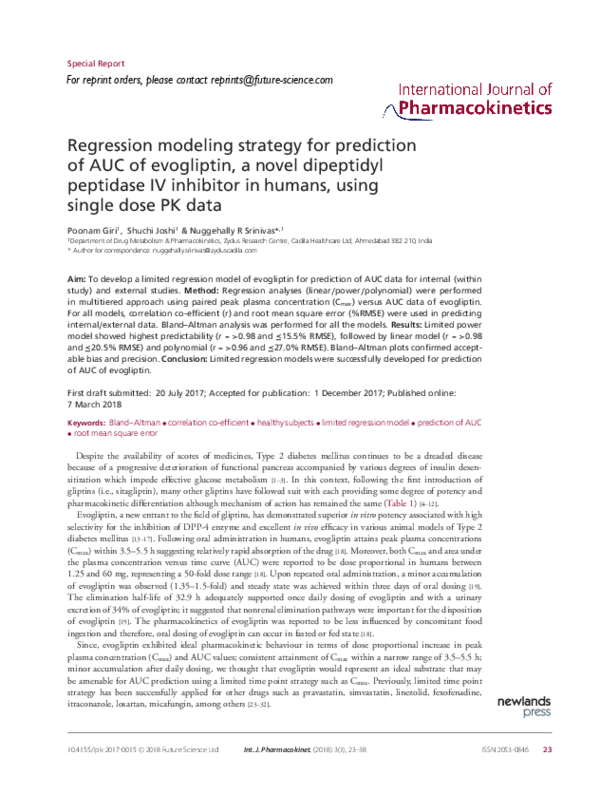 (PDF) Regression modeling strategy for prediction of AUC of evogliptin, a novel dipeptidyl ...