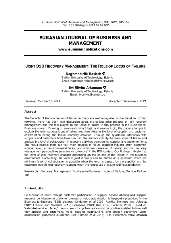 (PDF) Joint B2B Recovery Management: The Role of Locus of Failure
