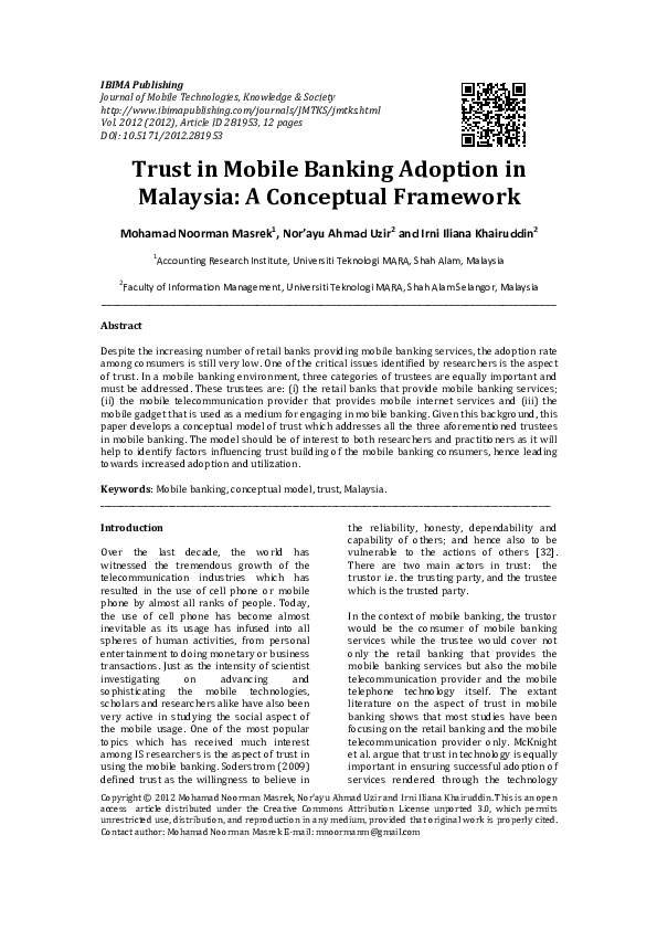 (PDF) Trust in Mobile Banking Adoption in Malaysia: A Conceptual Framework