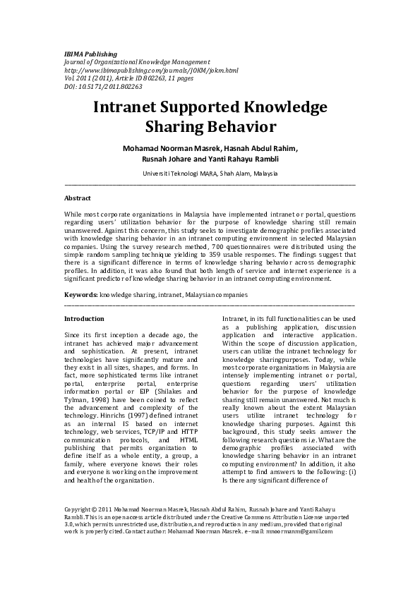 (PDF) Intranet Supported Knowledge Sharing Behavior | Mohamad Noorman Masrek - Academia.edu