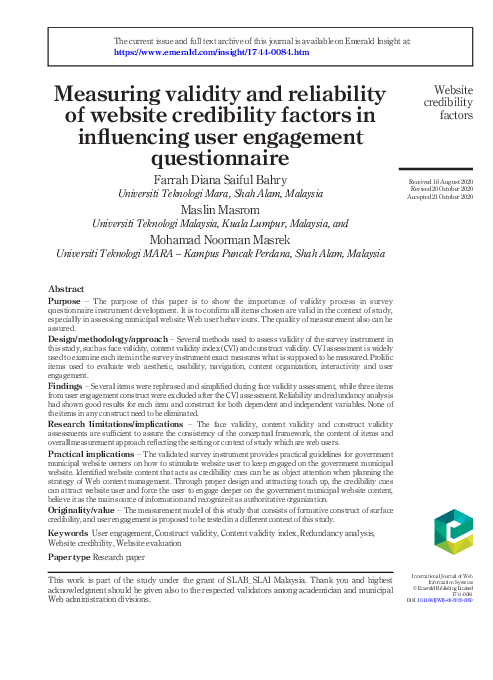 (PDF) Measuring validity and reliability of website credibility factors in influencing user ...