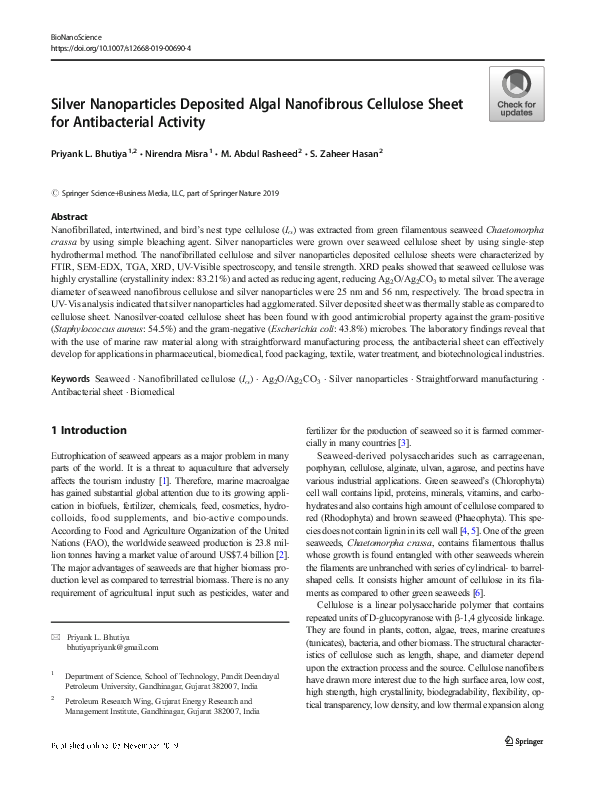 (PDF) Silver Nanoparticles Deposited Algal Nanofibrous Cellulose Sheet ...