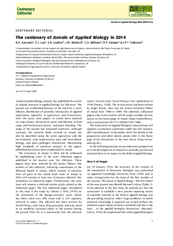 (PDF) The centenary ofAnnals of Applied Biologyin 2014 | Carol MILLMAN ...