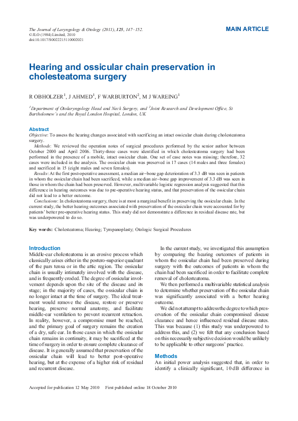 (PDF) Hearing and ossicular chain preservation in cholesteatoma surgery