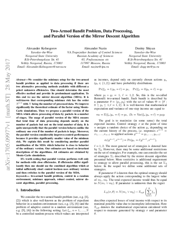 (PDF) Two-Armed Bandit Problem, Data Processing, and Parallel Version ...