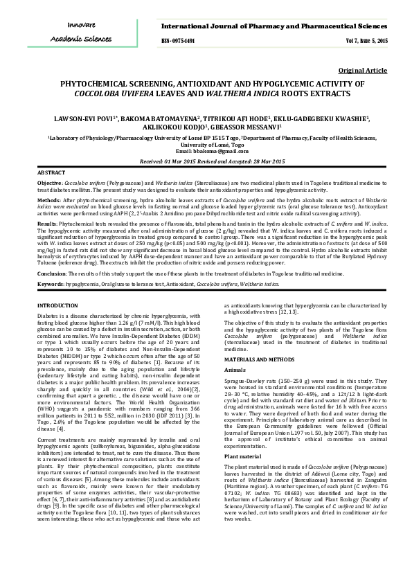 (PDF) PHYTOCHEMICAL SCREENING ANTIOXIDANT AND HYPOGLYCEMIC ACTIVITY OF , COCCOLOBA UVIFERA ...
