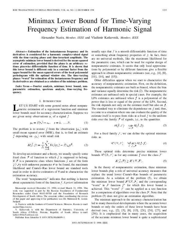 (PDF) Minimax lower bound for time-varying frequency estimation of harmonic signal | Alexander ...