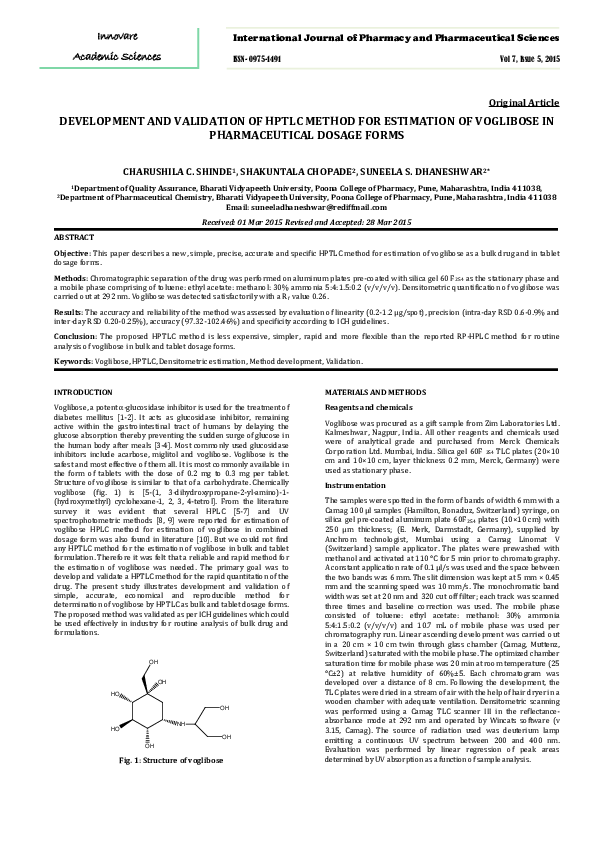 (PDF) DEVELOPMENT AND VALIDATION OF HPTLC METHOD FOR ESTIMATION OF VOGLIBOSE IN PHARMACEUTICAL ...