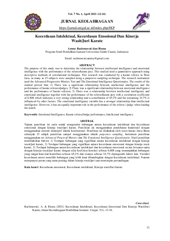 (PDF) Kecerdasan Intelektual, Kecerdasan Emosional Dan Kinerja Wasit/Juri Karate