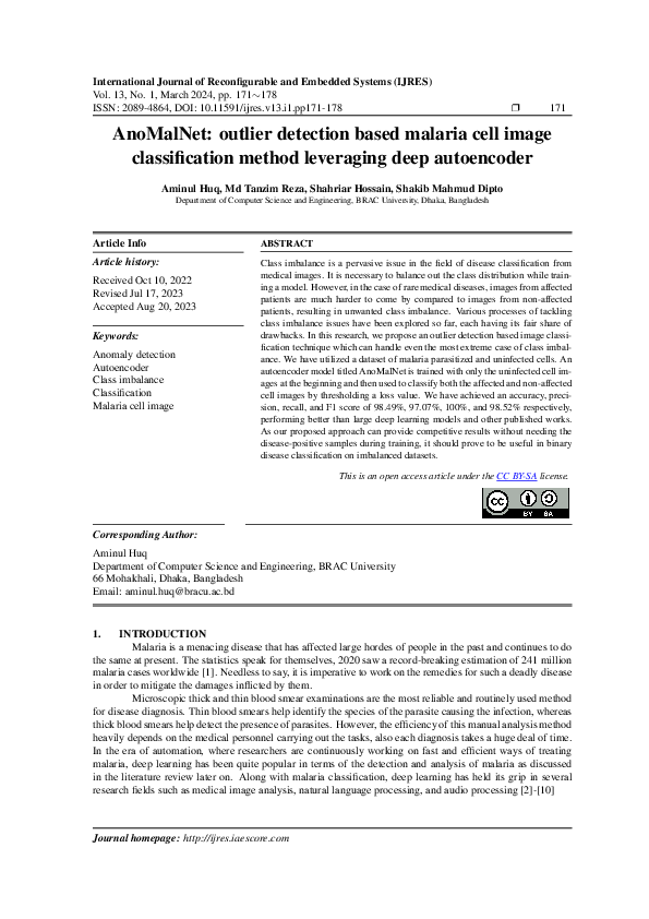 Pdf Anomalnet Outlier Detection Based Malaria Cell Image Classification Method Leveraging