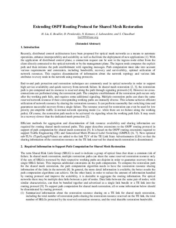 Pdf Extending Ospf Routing Protocol For Shared Mesh Restoration