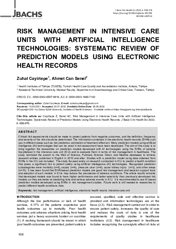 (PDF) Risk Management In Intensive Care Units With Artificial ...