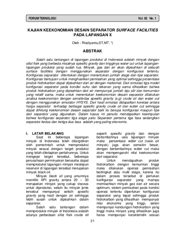 (PDF) Kajian Keekonomian Desain Separator Surface Facilities Pada Lapangan X