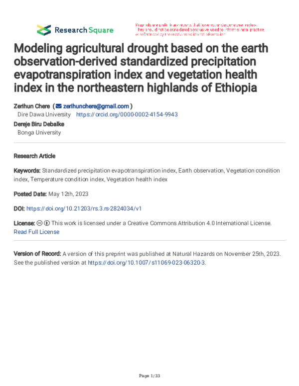 (PDF) Modeling agricultural drought based on the earth observation ...