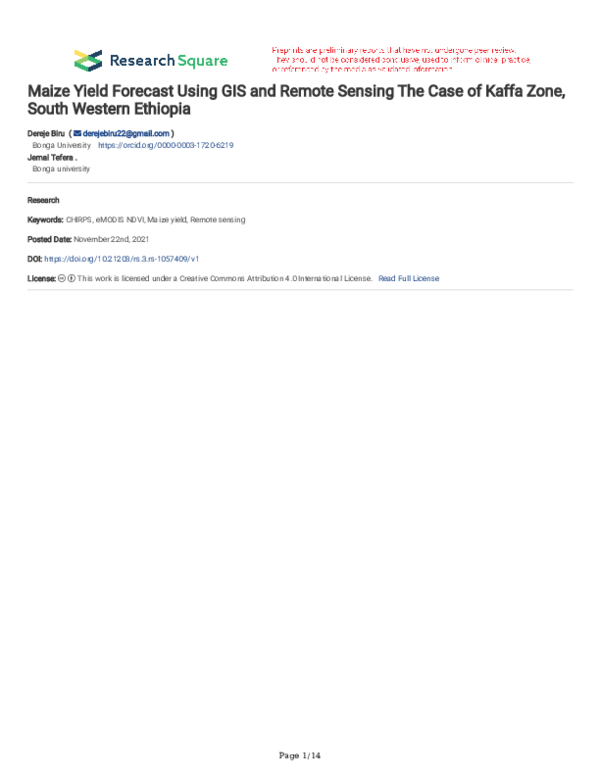 (PDF) Maize Yield Forecast Using GIS and Remote Sensing The Case of Kaffa Zone, South Western ...