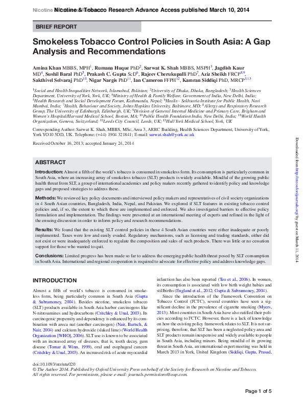(PDF) Smokeless Tobacco Control Policies in South Asia: A Gap Analysis ...