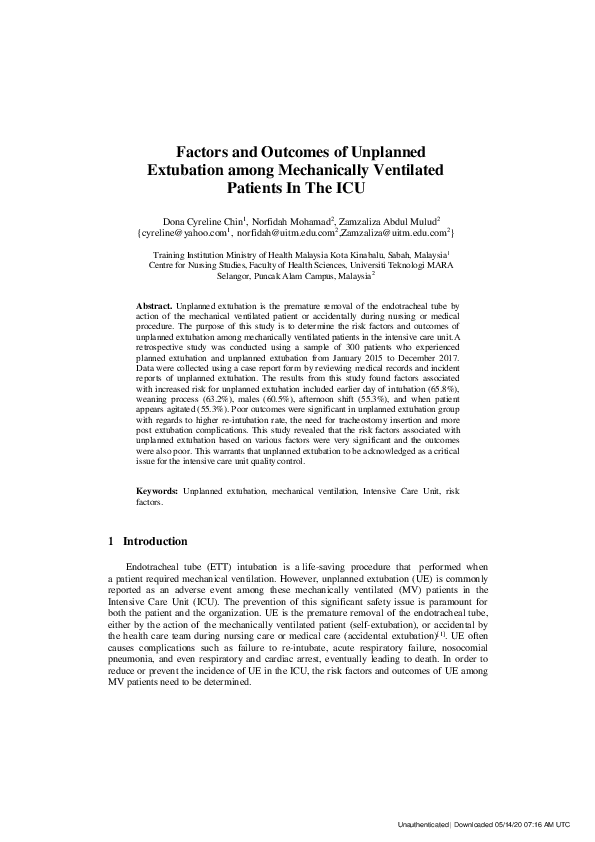 (PDF) Factors and Outcomes of Unplanned Extubation among Mechanically ...