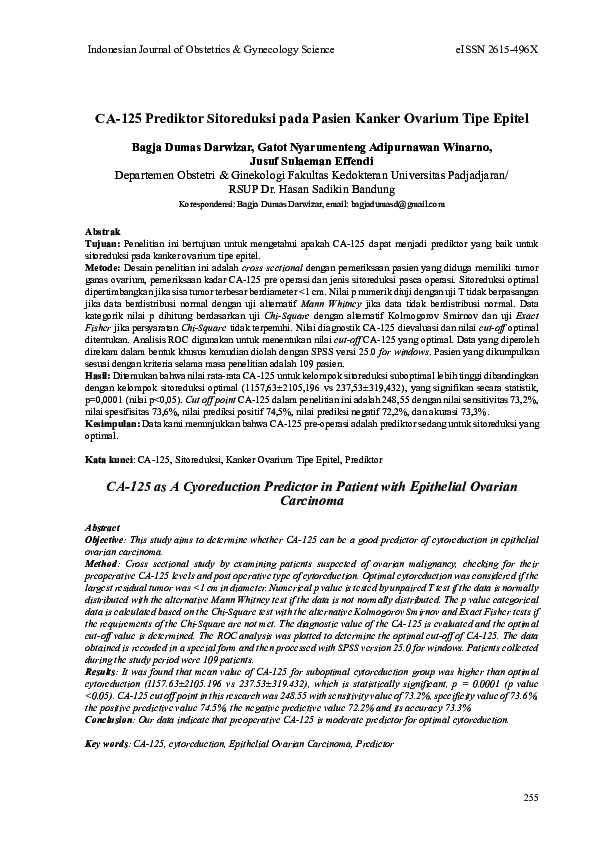(PDF) CA-125 sebagai Prediktor Sitoreduksi pada Pasien Kanker Ovarium ...