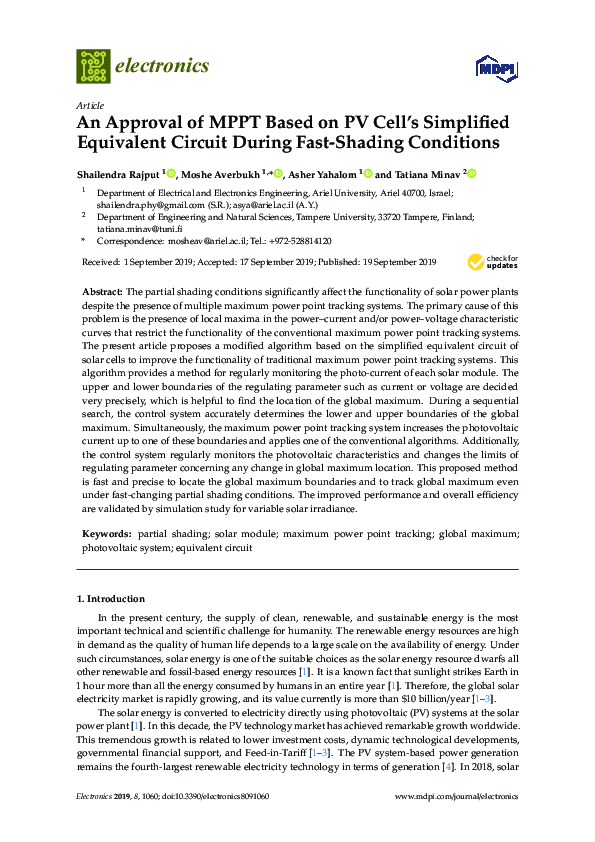 (PDF) An Approval of MPPT Based on PV Cell’s Simplified Equivalent Circuit During Fast-Shading ...