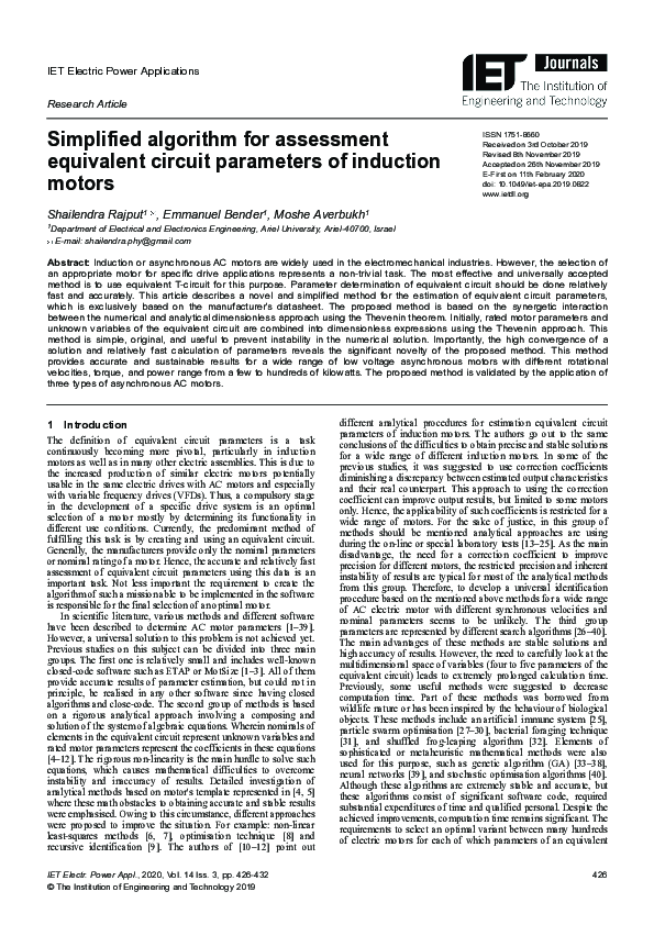 Pdf Simplified Algorithm For Assessment Equivalent Circuit Parameters Of Induction Motors