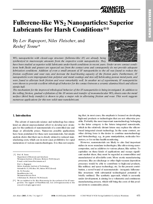 (PDF) Fullerene‐like WS2 Nanoparticles: Superior Lubricants for Harsh Conditions