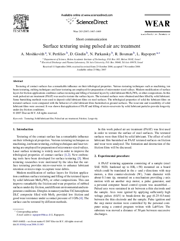 (PDF) Surface texturing using pulsed air arc treatment