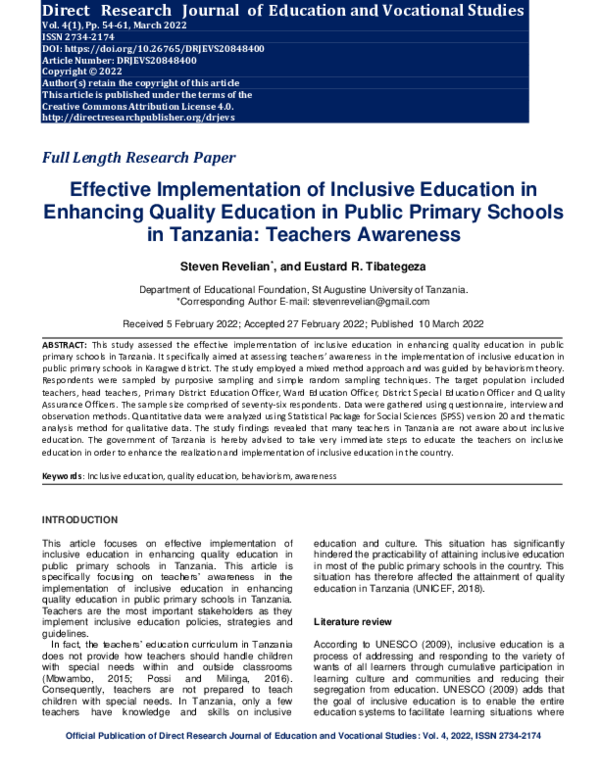 (PDF) Effective Implementation of Inclusive Education in Enhancing ...