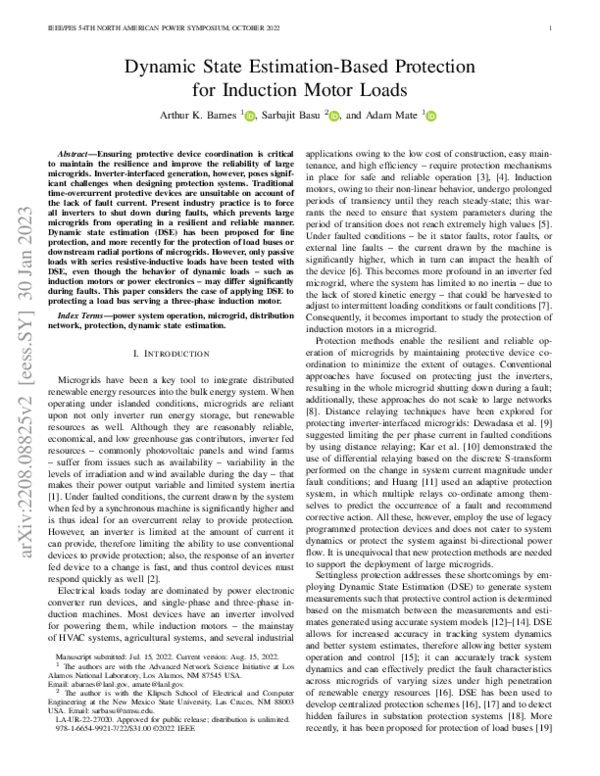 Pdf Dynamic State Estimation Based Protection For Induction Motor Loads