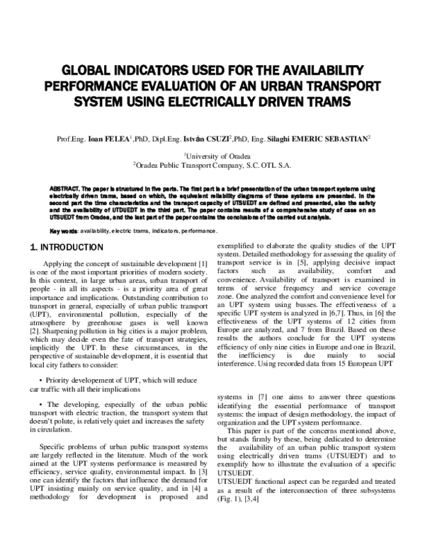(PDF) GLOBAL INDICATORS USED FOR THE AVAILABILITY PERFORMANCE ...