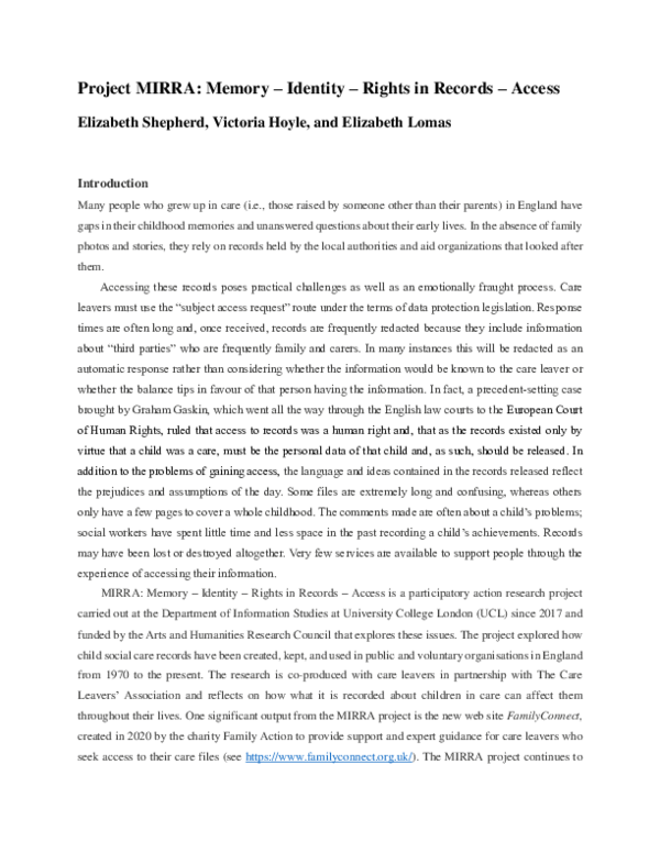 (PDF) Project MIRRA: Memory – Identity – Rights in Records – Access