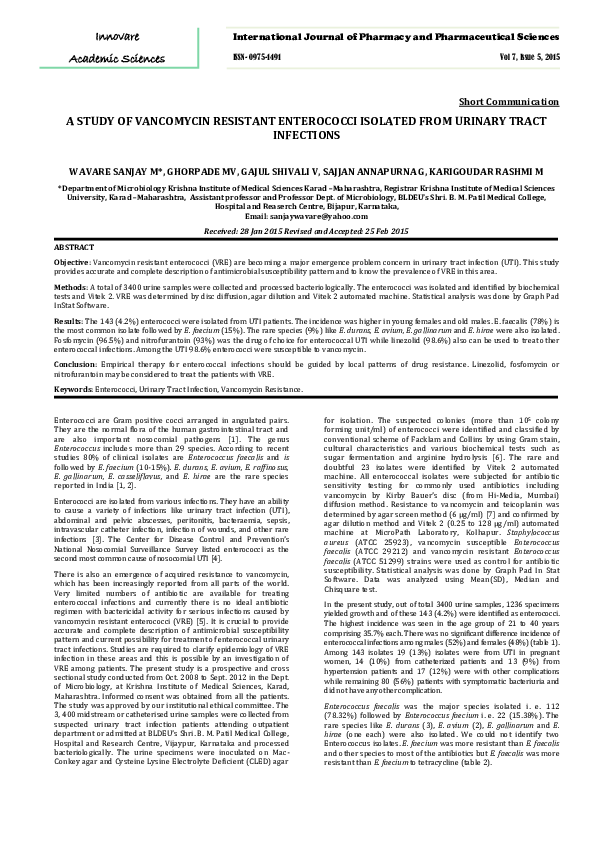 (PDF) A STUDY OF VANCOMYCIN RESISTANT ENTEROCOCCI ISOLATED FROM URINARY ...