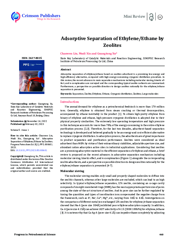 (PDF) Adsorptive Separation of Ethylene/Ethane by Zeolites