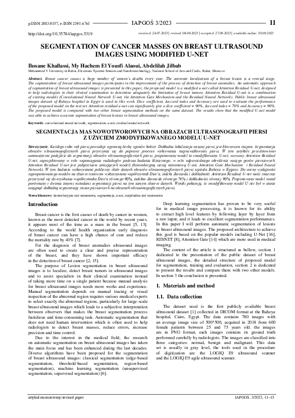 (PDF) Segmentation of Cancer Masses on Breast Ultrasound Images Using Modified U-Net