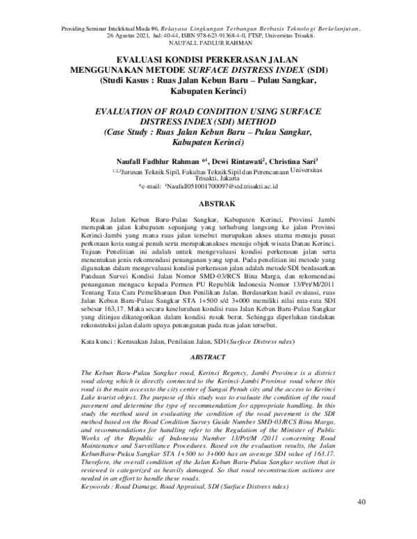 (PDF) EVALUASI KONDISI PERKERASAN JALAN MENGGUNAKAN METODE SURFACE ...